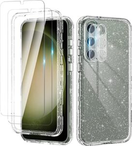 lamcase for samsung galaxy s23 plus case 6.6 inch, [with 2pcs tempered glass screen protector+2pcs camera lens protector] shiny sparkly bling three layer shockproof cover 2023, clear/silver glitter