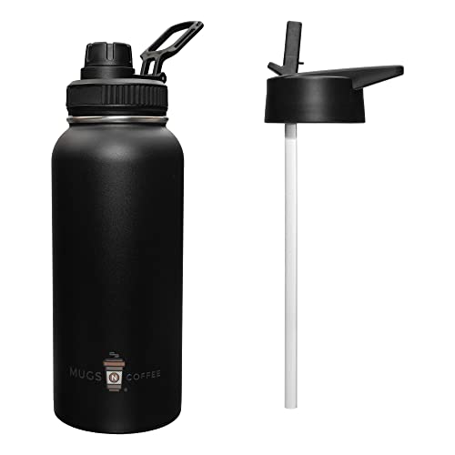 32oz Double Walled Vacuum Insulated Stainless Steel Water Bottle with Two Lids, 32 Ounce Powder Coated Mug (Black)