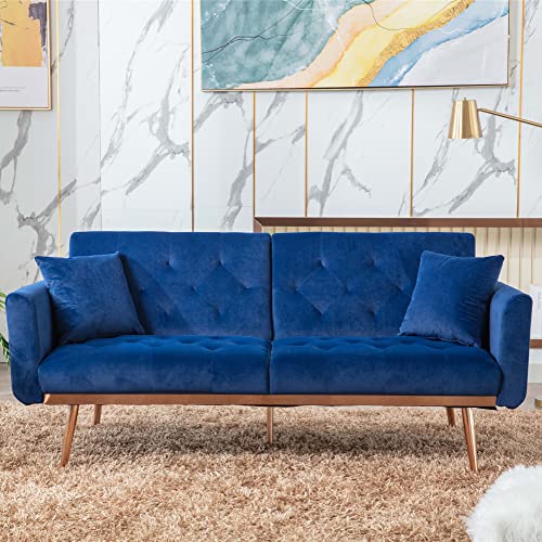 HBHM Velvet Accent Sofa, Loveseat Mid Century Modern Velvet Fabric Couch, Convertible Futon Sofa Bed, Recliner Couch Accent Sofa Loveseat Sofa with Gold Metal Feet (Blue, OneSize)