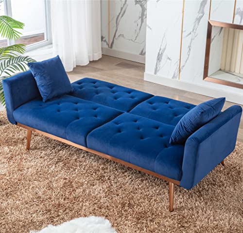 HBHM Velvet Accent Sofa, Loveseat Mid Century Modern Velvet Fabric Couch, Convertible Futon Sofa Bed, Recliner Couch Accent Sofa Loveseat Sofa with Gold Metal Feet (Blue, OneSize)