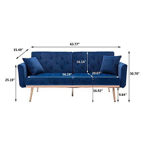 HBHM Velvet Accent Sofa, Loveseat Mid Century Modern Velvet Fabric Couch, Convertible Futon Sofa Bed, Recliner Couch Accent Sofa Loveseat Sofa with Gold Metal Feet (Blue, OneSize)