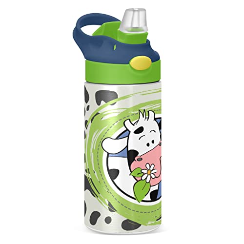 Kigai Cute Little Cow Insulated Water Bottle with Straw Lid for Kids, Vacuum Stainless Steel Metal Water Bottles for Toddlers, Leak Proof BPA-Free Water Flask Tumbler