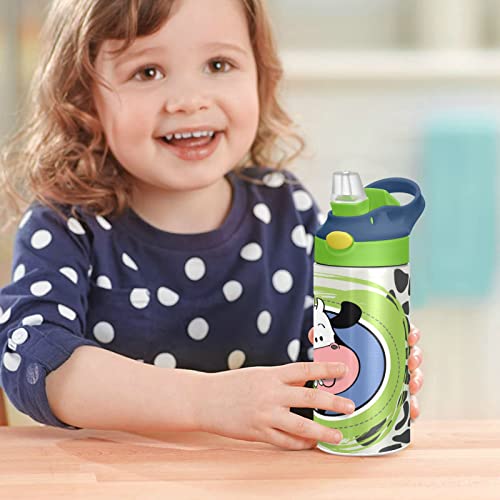 Kigai Cute Little Cow Insulated Water Bottle with Straw Lid for Kids, Vacuum Stainless Steel Metal Water Bottles for Toddlers, Leak Proof BPA-Free Water Flask Tumbler