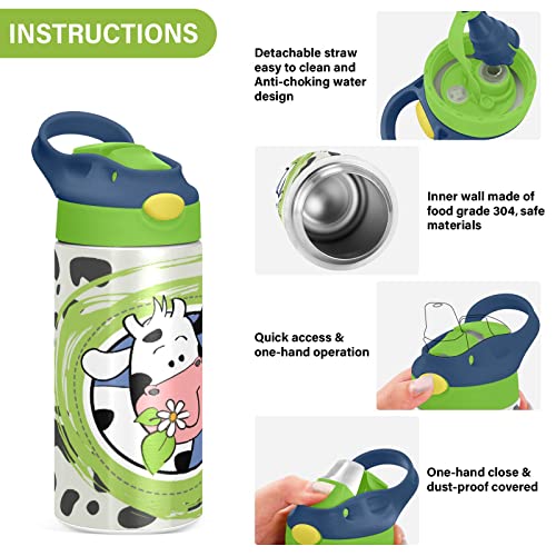 Kigai Cute Little Cow Insulated Water Bottle with Straw Lid for Kids, Vacuum Stainless Steel Metal Water Bottles for Toddlers, Leak Proof BPA-Free Water Flask Tumbler