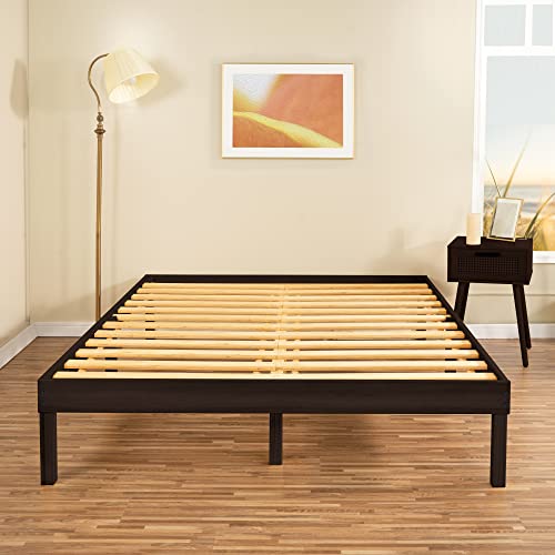 Naomi Home Lucia 14 Inch Solid Wood Platform Bed Queen Bed Frame, Pine Wood Queen Platform Bed Frame, No Squeak Bed Frame, Bed Frame Queen Size, No Box Spring Needed, Sturdy Bed Frame - Espresso