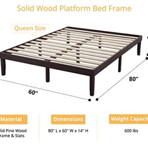 Naomi Home Lucia 14 Inch Solid Wood Platform Bed Queen Bed Frame, Pine Wood Queen Platform Bed Frame, No Squeak Bed Frame, Bed Frame Queen Size, No Box Spring Needed, Sturdy Bed Frame - Espresso