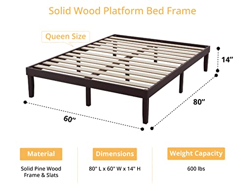 Naomi Home Lucia 14 Inch Solid Wood Platform Bed Queen Bed Frame, Pine Wood Queen Platform Bed Frame, No Squeak Bed Frame, Bed Frame Queen Size, No Box Spring Needed, Sturdy Bed Frame - Espresso