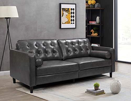 ATY 3-Seater Leather Sofa with Two Bolster Pillows and Tufted Backrest, Mid-Century Modern Couch, Luxury Style for Apartment, Meetingroom, Livingroom, 85inch, Dark Gray