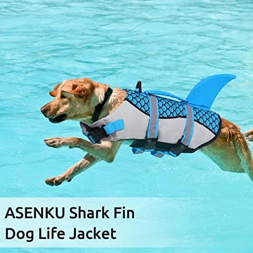 ASENKU Dog Life Jackets, Ripstop Dog Life Vest with Reflective Strip,Dog Shark Life Jackets Dog Lifesavers Swimsuits for Swimming Boating, Blue Shark S