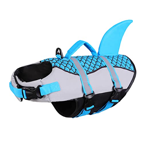 ASENKU Dog Life Jackets, Ripstop Dog Life Vest with Reflective Strip,Dog Shark Life Jackets Dog Lifesavers Swimsuits for Swimming Boating, Blue Shark S