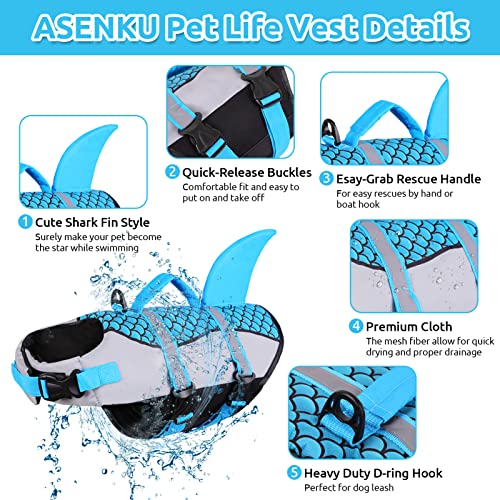 ASENKU Dog Life Jackets, Ripstop Dog Life Vest with Reflective Strip,Dog Shark Life Jackets Dog Lifesavers Swimsuits for Swimming Boating, Blue Shark S