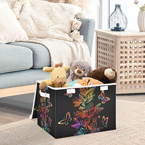 innewgogo Floral Butterfly Storage Bins with Lids for Organizing Large Collapsible Storage Bins with Handles Oxford Cloth Storage Cube Box for Car