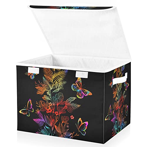 innewgogo Floral Butterfly Storage Bins with Lids for Organizing Large Collapsible Storage Bins with Handles Oxford Cloth Storage Cube Box for Car