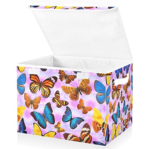 innewgogo Butterflies Violet Flowers Storage Bins with Lids for Organizing Baskets Cube with Cover with Handles Oxford Cloth Storage Cube Box for Clothes