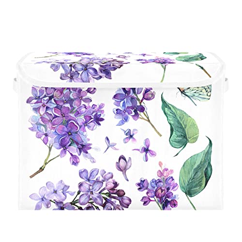 innewgogo Purple Flower Butterfly Storage Bins with Lids for Organizing Baskets Cube with Cover with Handles Oxford Cloth Storage Cube Box for Dog Toys