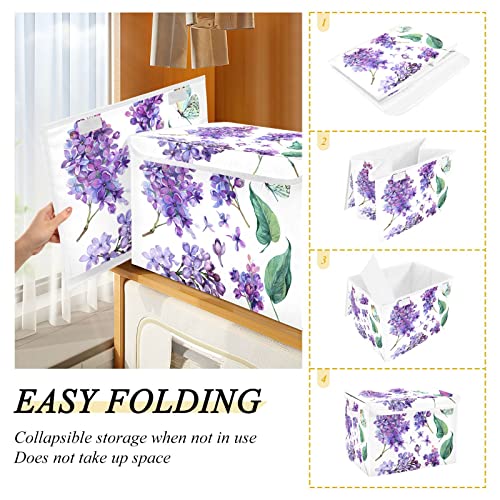 innewgogo Purple Flower Butterfly Storage Bins with Lids for Organizing Baskets Cube with Cover with Handles Oxford Cloth Storage Cube Box for Dog Toys