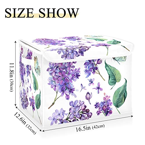 innewgogo Purple Flower Butterfly Storage Bins with Lids for Organizing Baskets Cube with Cover with Handles Oxford Cloth Storage Cube Box for Dog Toys