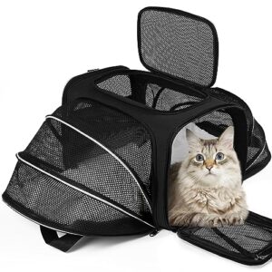 vkystar airline approved pet carrier, soft sided portable pet travel carrier 2 sides expandable cat carrier with removable fleece pad,safety leash and shoulder strap,dog and small animal(black)