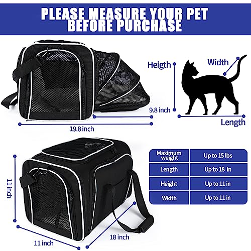 VKYSTAR Airline Approved Pet Carrier, Soft Sided Portable Pet Travel Carrier 2 Sides Expandable Cat Carrier with Removable Fleece Pad,Safety Leash and Shoulder Strap,Dog and Small Animal(Black)