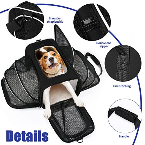 VKYSTAR Airline Approved Pet Carrier, Soft Sided Portable Pet Travel Carrier 2 Sides Expandable Cat Carrier with Removable Fleece Pad,Safety Leash and Shoulder Strap,Dog and Small Animal(Black)