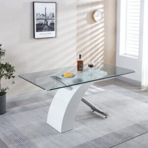 63" Contemporary Rectangular Tempered Glass Dining Table with X-Shape Pedestal Base Mid-Century Rectangular Kitchen Dining Room Table for Dining Room Home Office Meeting Table (White- X Base)