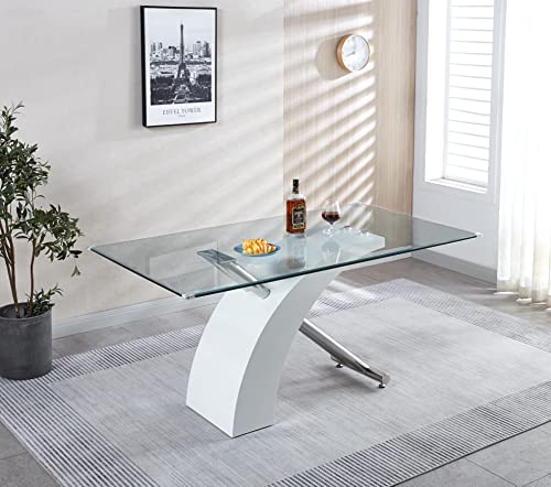 63" Contemporary Rectangular Tempered Glass Dining Table with X-Shape Pedestal Base Mid-Century Rectangular Kitchen Dining Room Table for Dining Room Home Office Meeting Table (White- X Base)