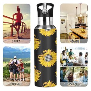 Oarencol Buffalo Sunflower Water Bottle Plaid Floral Stainless Steel Vacuum Insulated Thermos with Straw Lid 20 Oz