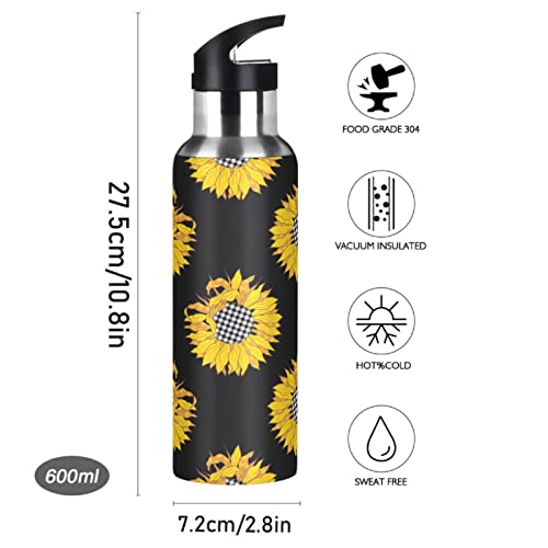 Oarencol Buffalo Sunflower Water Bottle Plaid Floral Stainless Steel Vacuum Insulated Thermos with Straw Lid 20 Oz