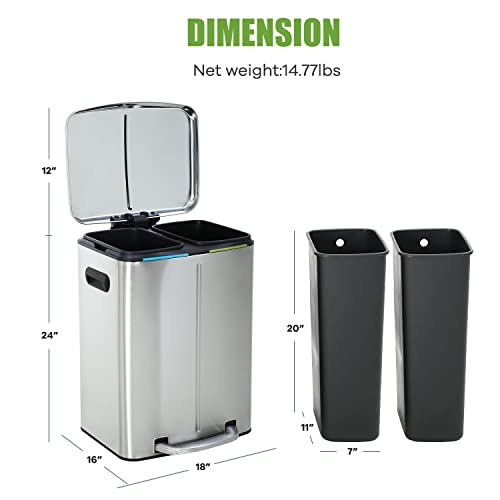 NChanmar Trash Can, Dual Trash Can for Recycling 40L/10 Gallon Stainless Steel Garbarge Can Foot Pedal Metal Trash Can with Lid Rubbish Bin for Home Office