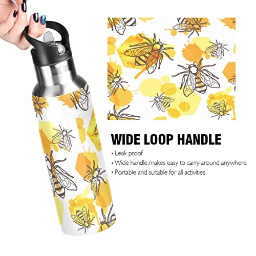 Oarencol Bee Honeycombs Honey Water Bottle Stainless Steel Vacuum Insulated Thermos with Straw Lid 20 Oz