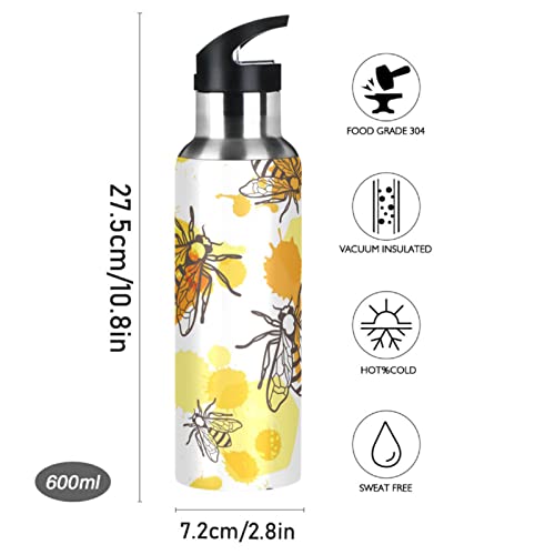 Oarencol Bee Honeycombs Honey Water Bottle Stainless Steel Vacuum Insulated Thermos with Straw Lid 20 Oz