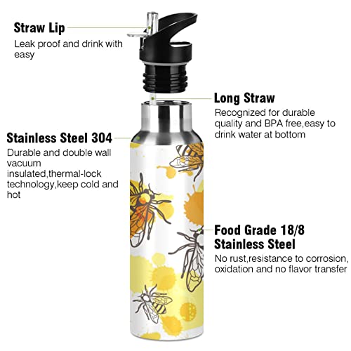 Oarencol Bee Honeycombs Honey Water Bottle Stainless Steel Vacuum Insulated Thermos with Straw Lid 20 Oz