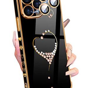 Petitian for iPhone 13 Pro Max Case, Cute Women Girls Bling Glitter Designed Heart Phone Cases for iPhone 13 Pro Max, Girly Gold Plating Phone Cover for 13 Promax with Camera Protector Black