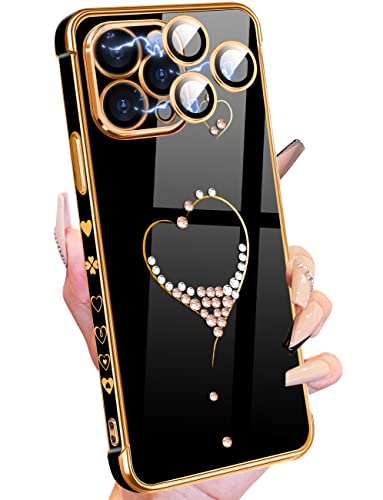 Petitian for iPhone 13 Pro Max Case, Cute Women Girls Bling Glitter Designed Heart Phone Cases for iPhone 13 Pro Max, Girly Gold Plating Phone Cover for 13 Promax with Camera Protector Black