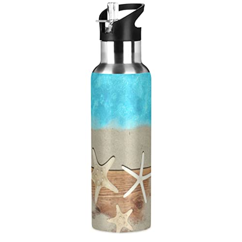 Oarencol Starfish Seashell Water Bottle Blue Sea Beach Stainless Steel Vacuum Insulated Thermos with Straw Lid 20 Oz