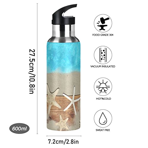 Oarencol Starfish Seashell Water Bottle Blue Sea Beach Stainless Steel Vacuum Insulated Thermos with Straw Lid 20 Oz