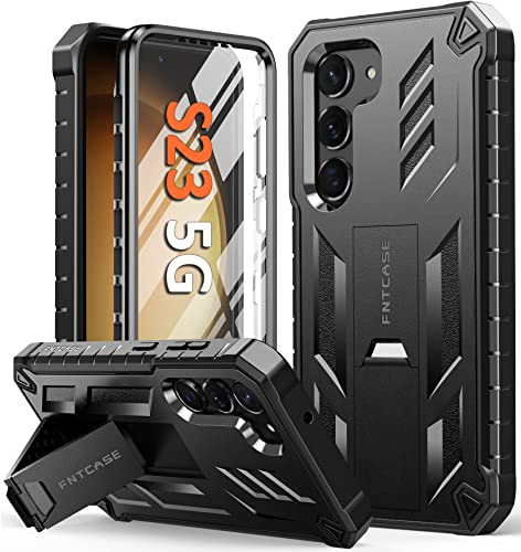 FNTCASE for Samsung Galaxy-S23 Protective Case: Dual-Layer Rugged Shockproof Cell Phone Cover with Built-in Screen Protector & Kickstand|Military Drop Proof Full Protection Bumper Cases 6.1'' Black