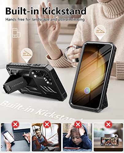 FNTCASE for Samsung Galaxy-S23 Protective Case: Dual-Layer Rugged Shockproof Cell Phone Cover with Built-in Screen Protector & Kickstand|Military Drop Proof Full Protection Bumper Cases 6.1'' Black