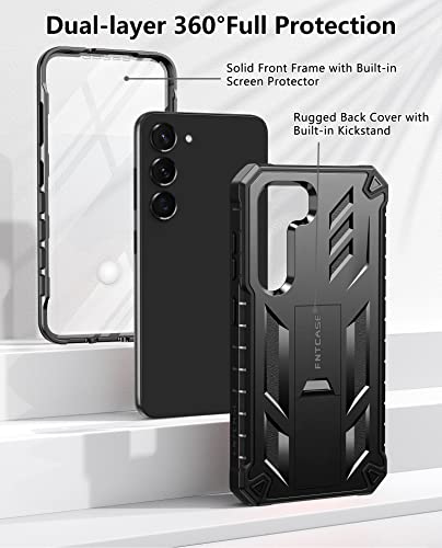 FNTCASE for Samsung Galaxy-S23 Protective Case: Dual-Layer Rugged Shockproof Cell Phone Cover with Built-in Screen Protector & Kickstand|Military Drop Proof Full Protection Bumper Cases 6.1'' Black