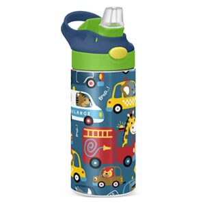 kigai funny cartoon car kids insulated water bottle with straw - stainless steel travel tumbler double wall vacuum leak proof kids cup hot for school boys girls