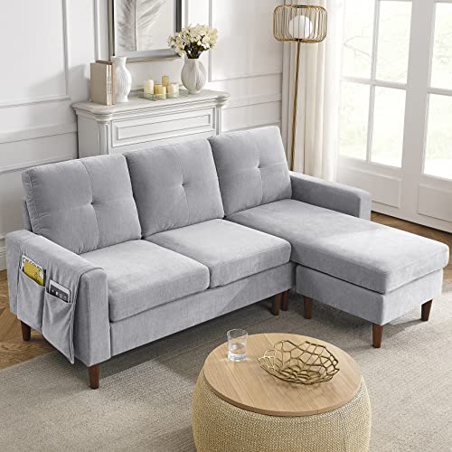 80” Convertible Sectional Sofa Couch, 3 Seats L-Shape Sofa with Removable Cushions and Pocket, Rubber Wood Legs (Light Grey Chenille)