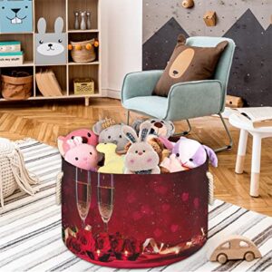 Valentine's Day Wine Rose Large Round Baskets for Storage Laundry Baskets with Handles Blanket Storage Basket for Bathroom Shelves Bins for Organizing Nursery Hamper Girl Boy