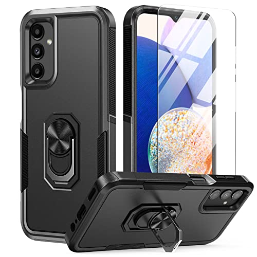 FNTCASE for Samsung Galaxy A14 5G Case: Dual Layer Shockproof Magnetic Kickstand Cell Phone Cover Protective with Rugged Ring Holder & Screen Protector Military Heavy Duty, 6.6inch, 2023 (Matte Black)