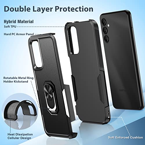 FNTCASE for Samsung Galaxy A14 5G Case: Dual Layer Shockproof Magnetic Kickstand Cell Phone Cover Protective with Rugged Ring Holder & Screen Protector Military Heavy Duty, 6.6inch, 2023 (Matte Black)