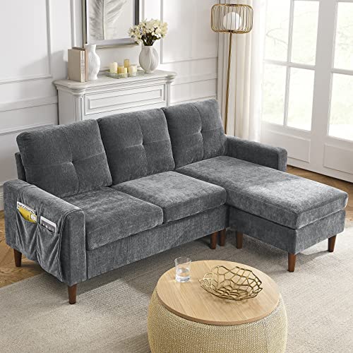 80” Convertible Sectional Sofa Couch, 3 Seats L-Shape Sofa with Removable Cushions and Pocket, Rubber Wood Legs (Dark Grey Chenille)