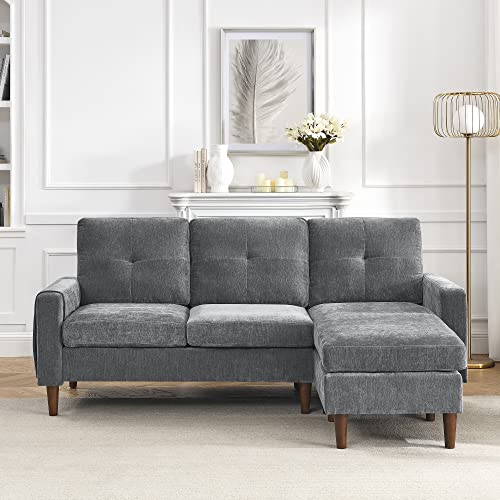 80” Convertible Sectional Sofa Couch, 3 Seats L-Shape Sofa with Removable Cushions and Pocket, Rubber Wood Legs (Dark Grey Chenille)