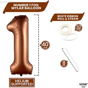 KatchOn, Brown 1 Balloon Number - 40 Inch, Helium Supported | Foil Brown One Balloon for Safari Theme 1st Birthday Decorations | Brown One Happy Camper Balloons | One Happy Camper Birthday Decorations