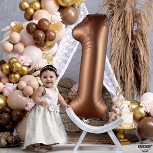 KatchOn, Brown 1 Balloon Number - 40 Inch, Helium Supported | Foil Brown One Balloon for Safari Theme 1st Birthday Decorations | Brown One Happy Camper Balloons | One Happy Camper Birthday Decorations