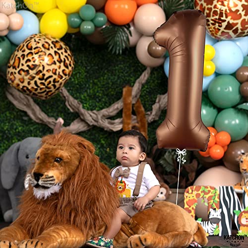 KatchOn, Brown 1 Balloon Number - 40 Inch, Helium Supported | Foil Brown One Balloon for Safari Theme 1st Birthday Decorations | Brown One Happy Camper Balloons | One Happy Camper Birthday Decorations