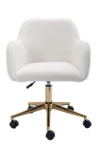 dbxii modern 360°swivel velvet office chair mid-back desk chairs with wheels adjustable with side arms gold metal base cute desk chair for bedroom, home office, vanity room (white teddy + wool)